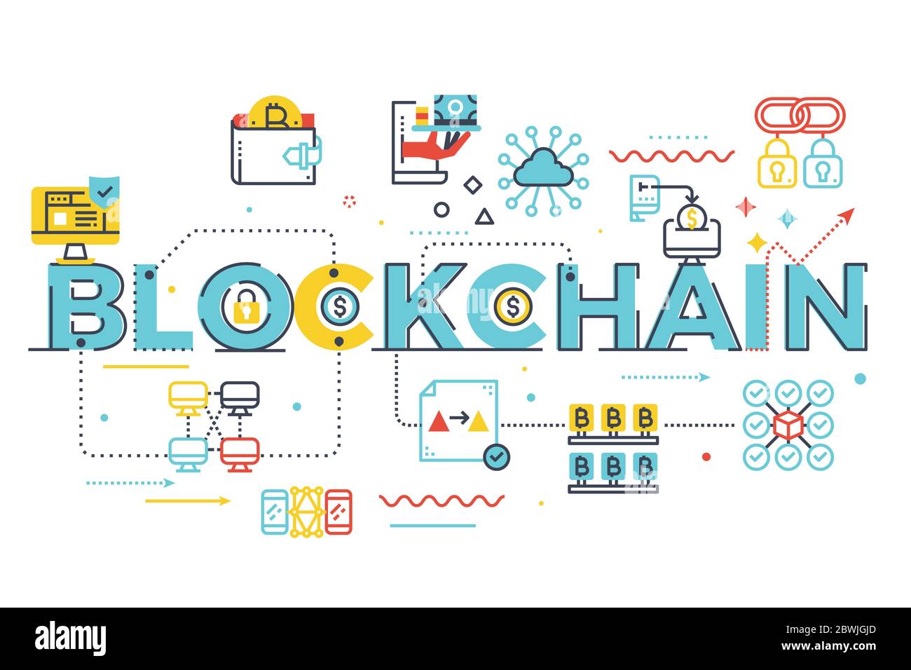 Blockchain word lettering illustration with icons for web banner ...