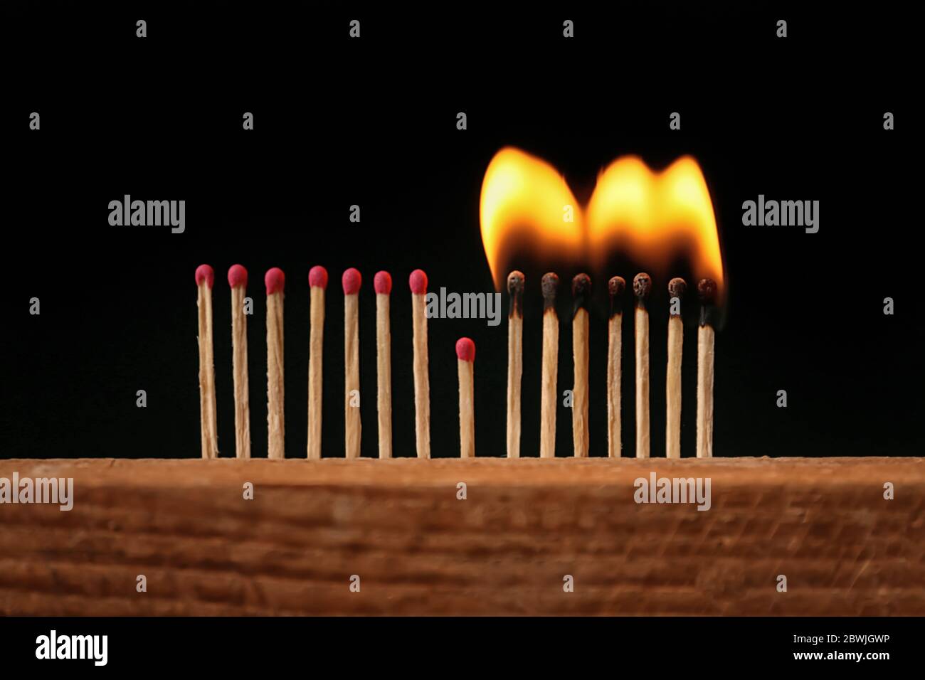 Burning and non-burning matches on dark background. Concept of social ...