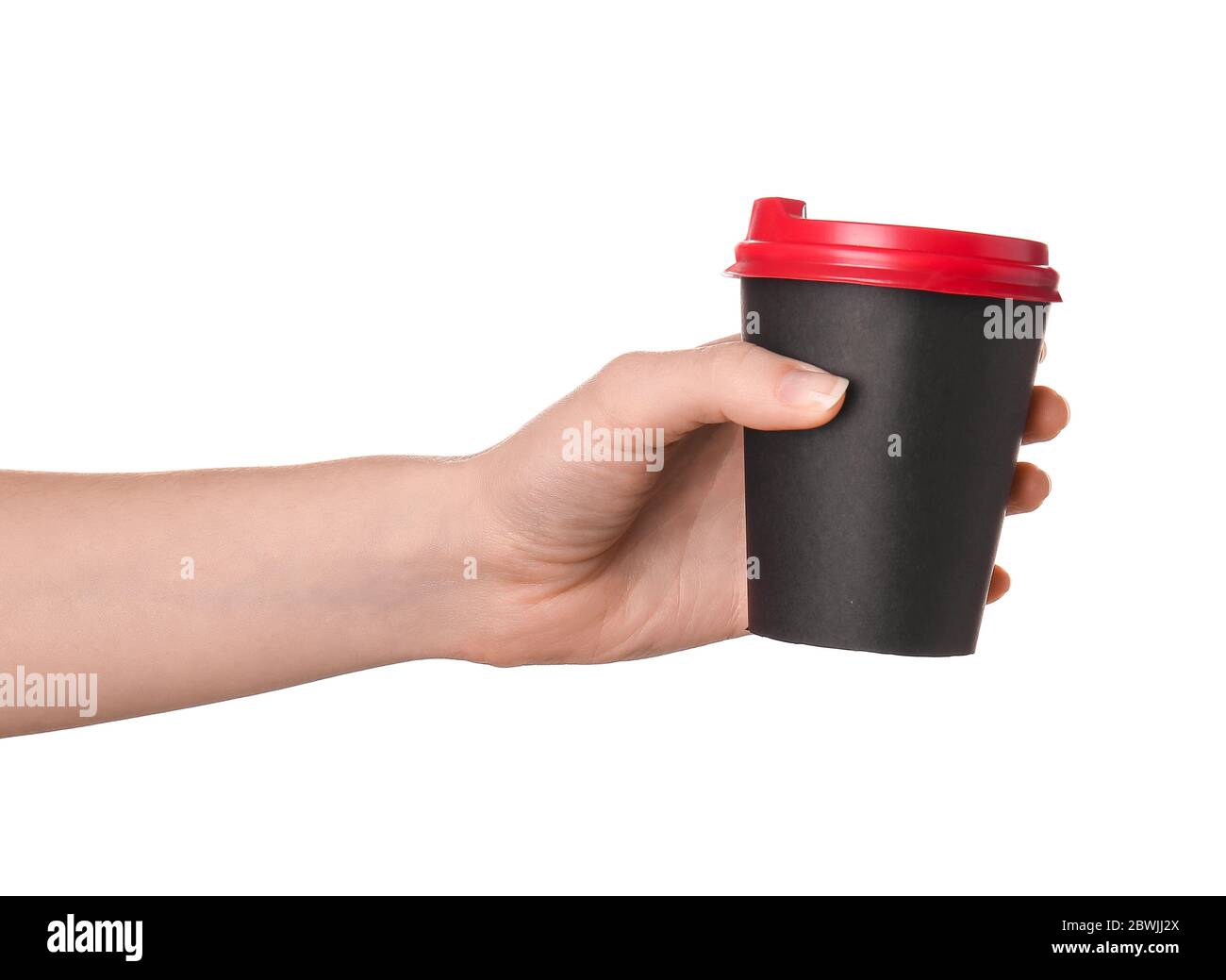 Hand with takeaway cup for drink on white background Stock Photo - Alamy