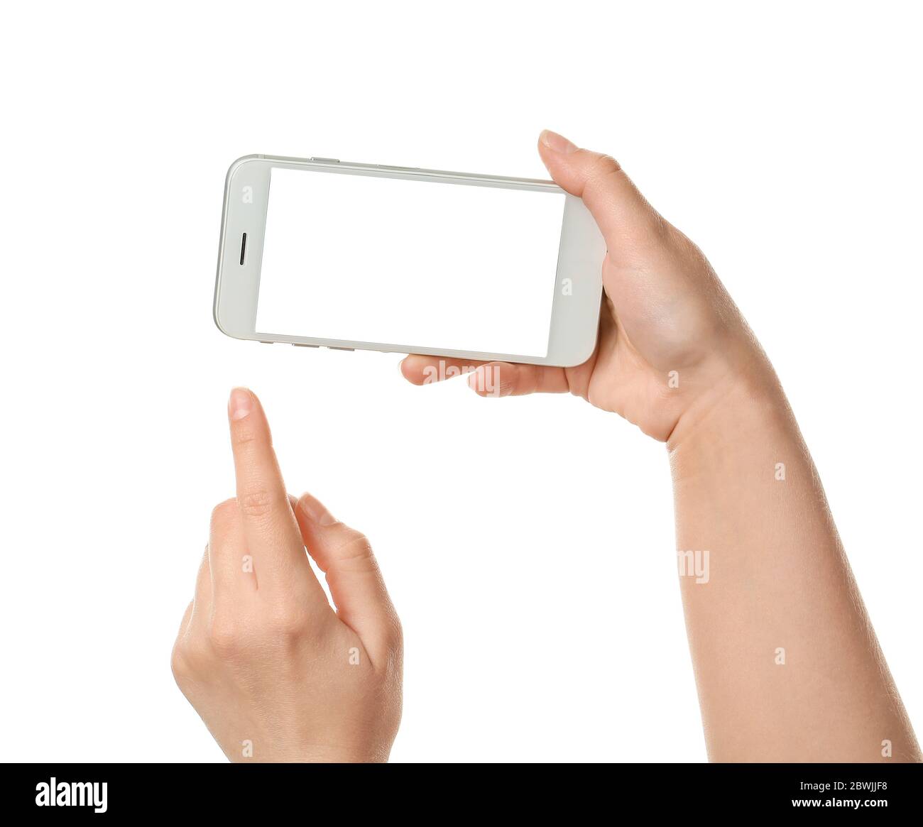Female hands with mobile phone on white background Stock Photo - Alamy