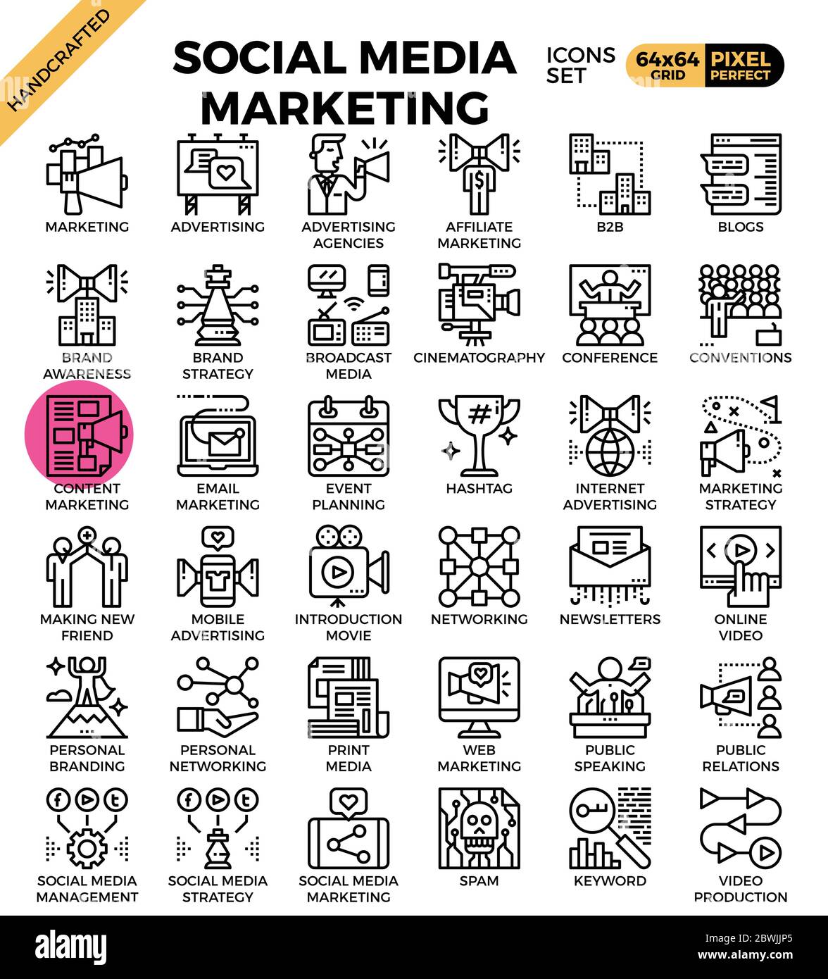Social media marketing concept detailed line business icons set in ...