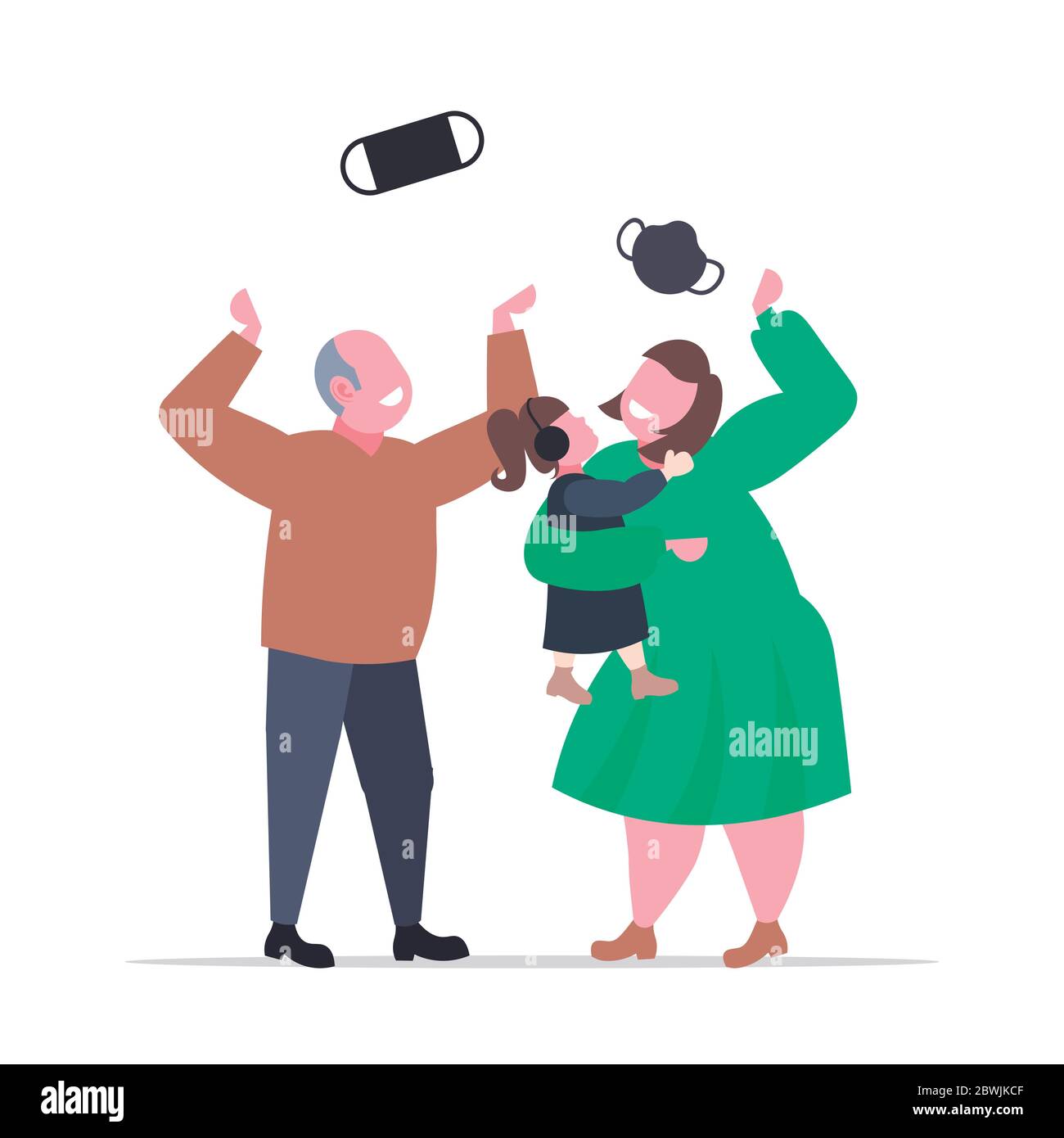 family throwing medical masks celebrating victory over coronavirus ...