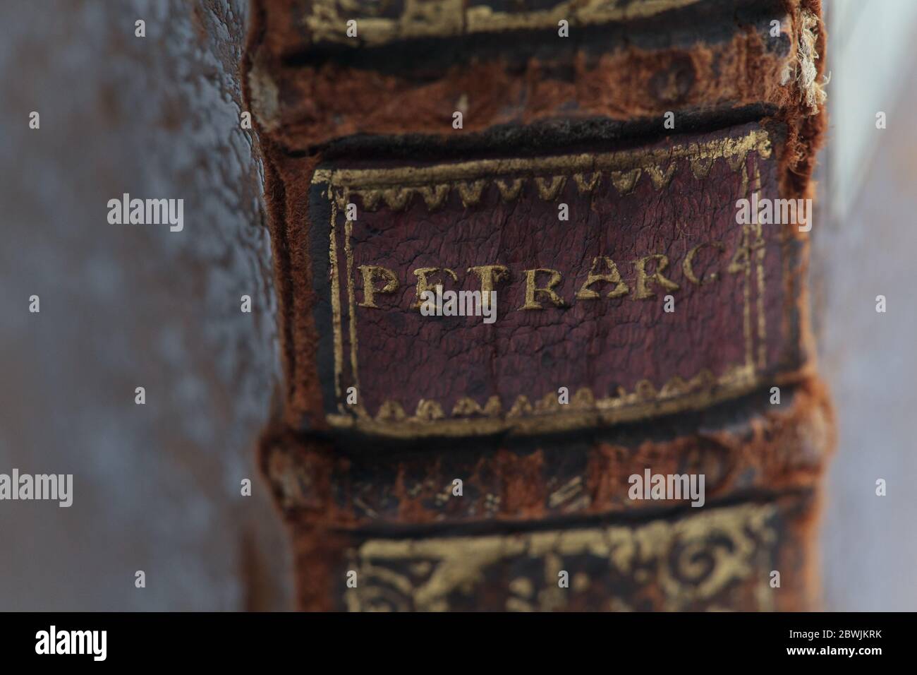 Il Petrarca, old leather book spine. closeup spine detail. Shallow ...