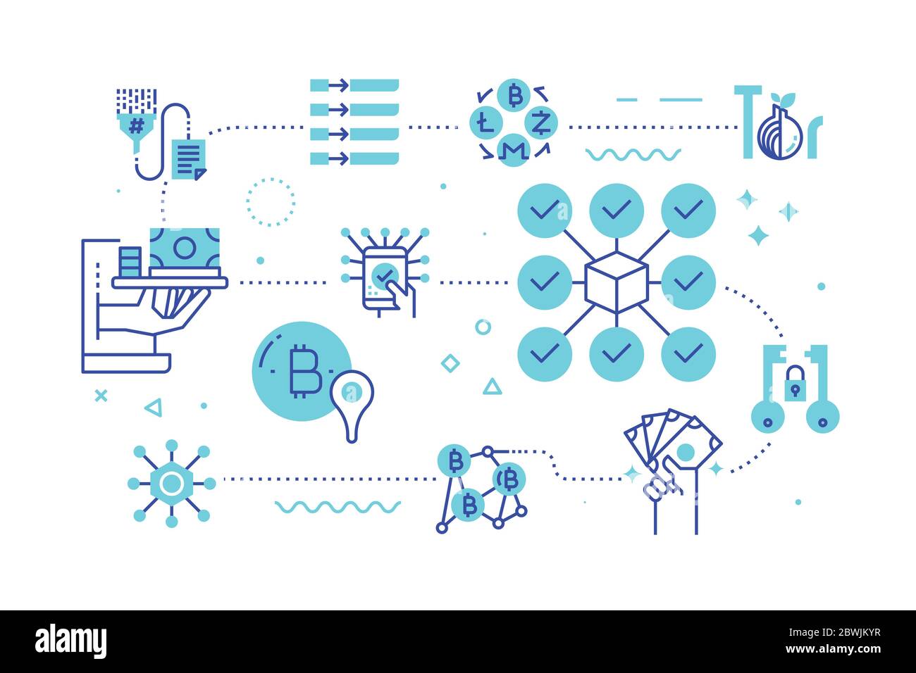 Blockchain technology concept line illustration in blue theme Stock ...