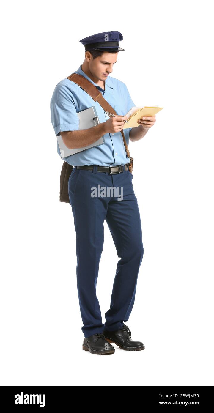 Handsome young postman on white background Stock Photo - Alamy