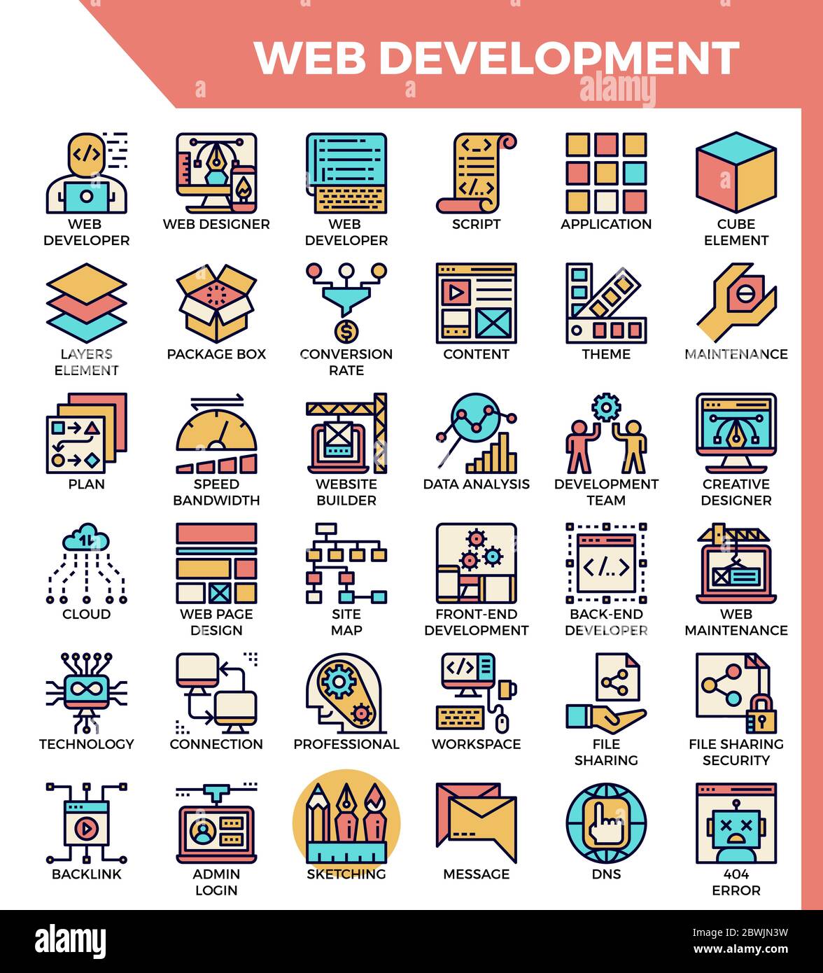 Web development concept detailed line icons set in modern line icon ...