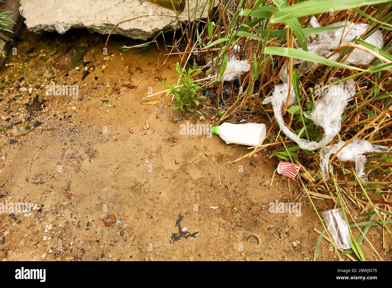 View of garbage near river outdoors. Concept of soil pollution Stock ...