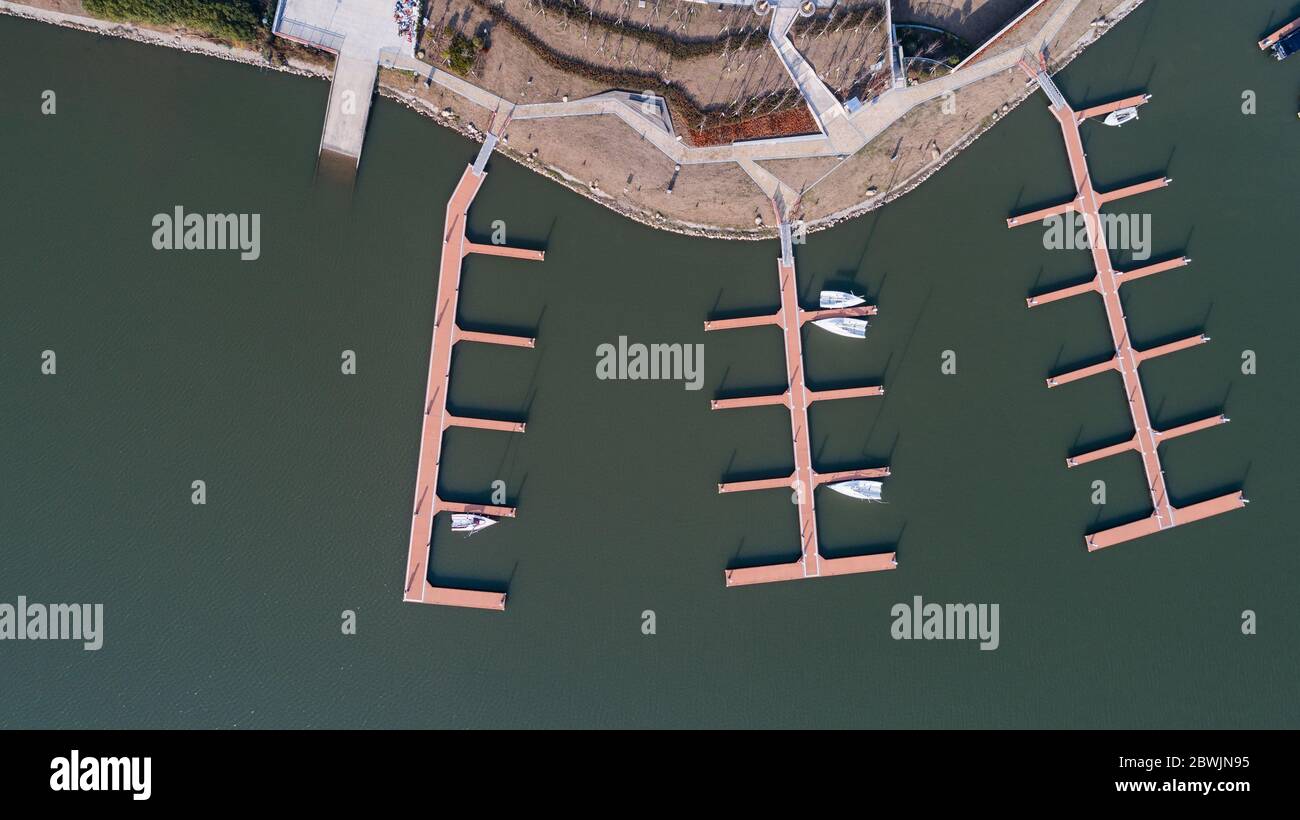 Aerial view of an empty commercial port Stock Photo - Alamy