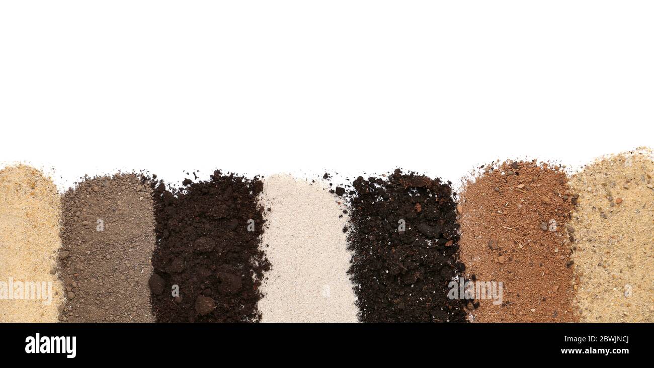 Different types of soil on white background Stock Photo - Alamy