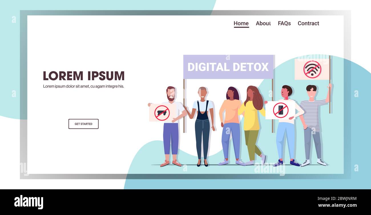 mix race activists holding posters with gadgets in red prohibition ...