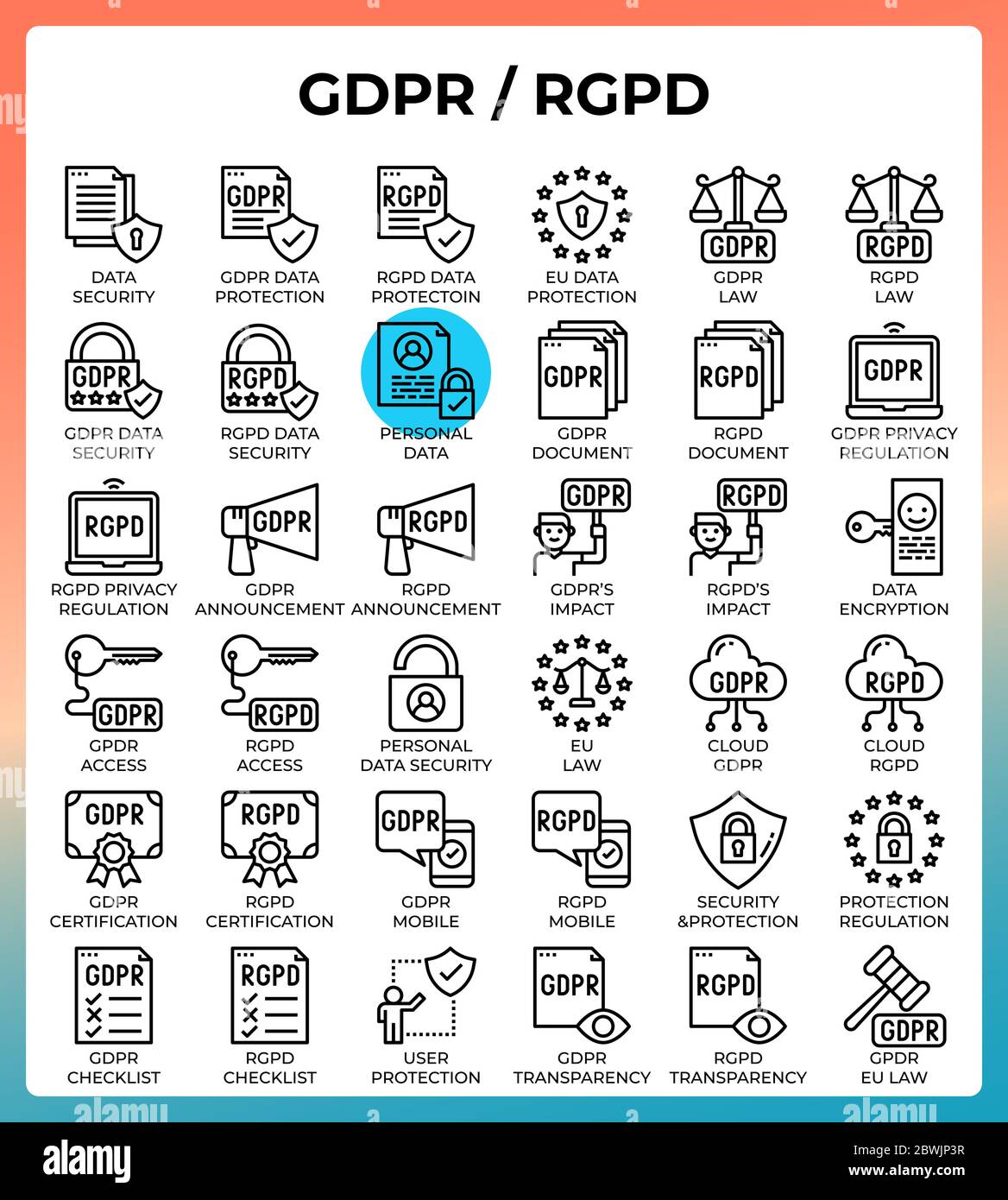 General data protection regulation (GDPR/RGPD) concept icons set in ...