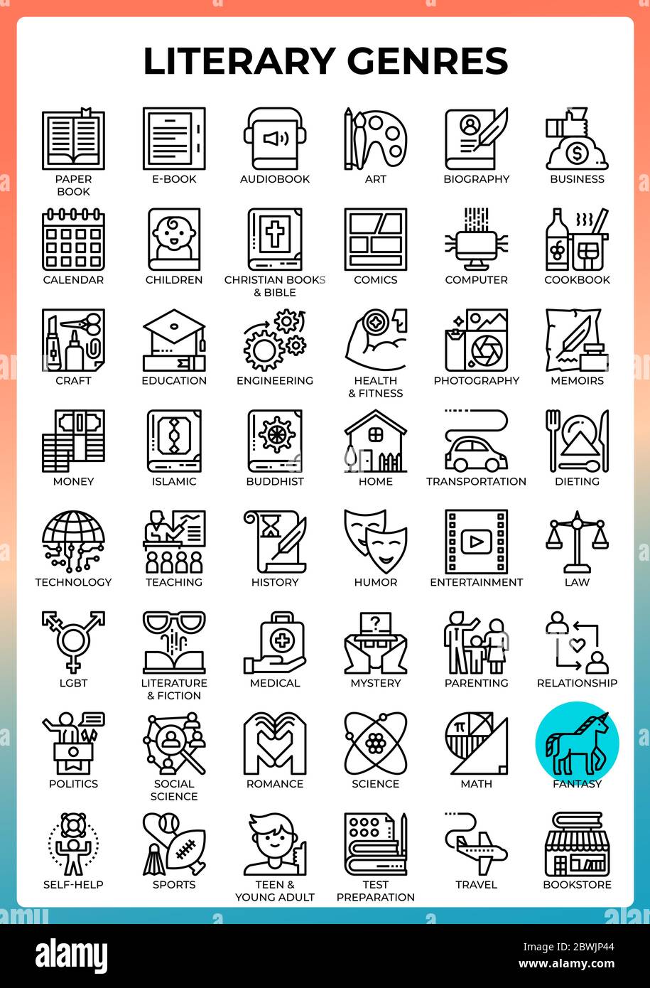 Literary Genres concept icons set in modern line icon style for ui, ux ...