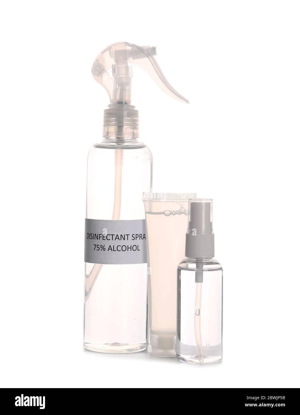 Bottles of disinfectants on white background Stock Photo - Alamy