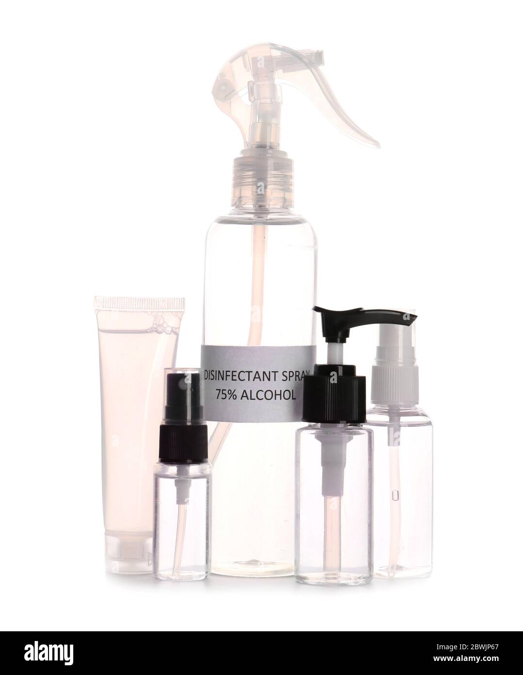 Bottles of disinfectants on white background Stock Photo - Alamy