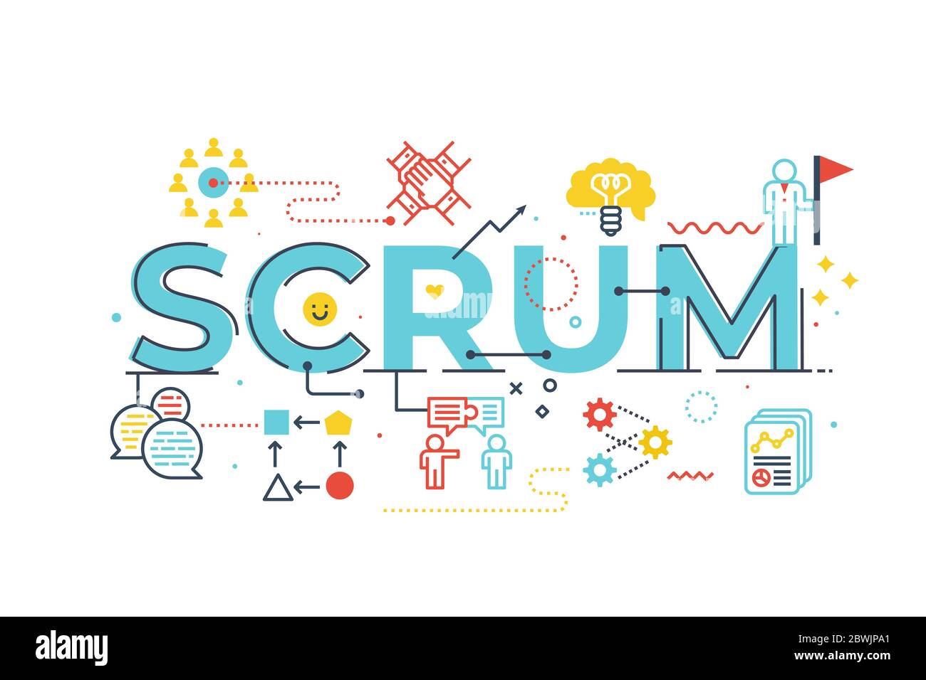 Scrum word lettering illustration with icons for web banner, flyer ...
