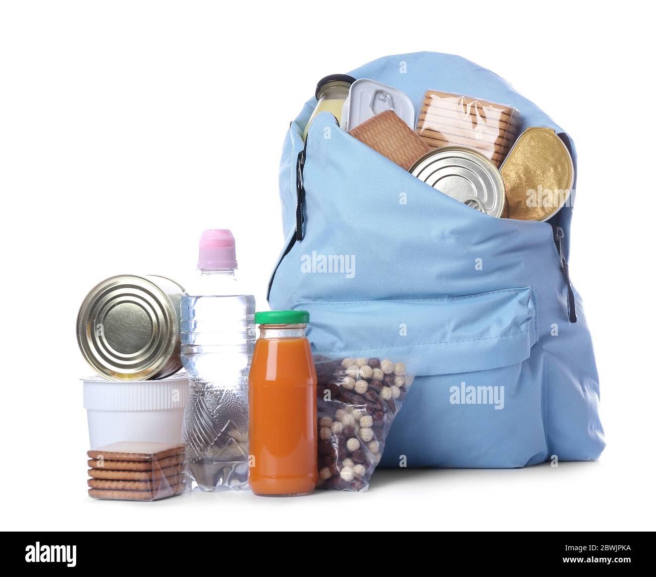 Schoolbag with different products on white background. Concept of ...