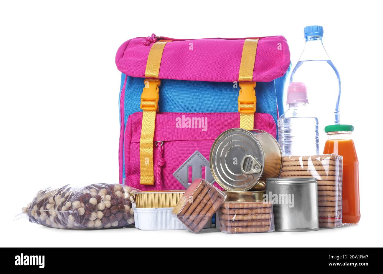 Schoolbag with different products on white background. Concept of ...