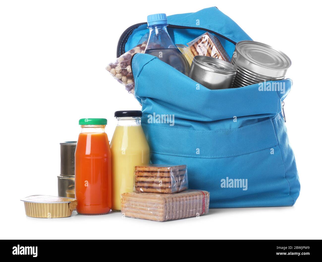 Schoolbag with different products on white background. Concept of ...