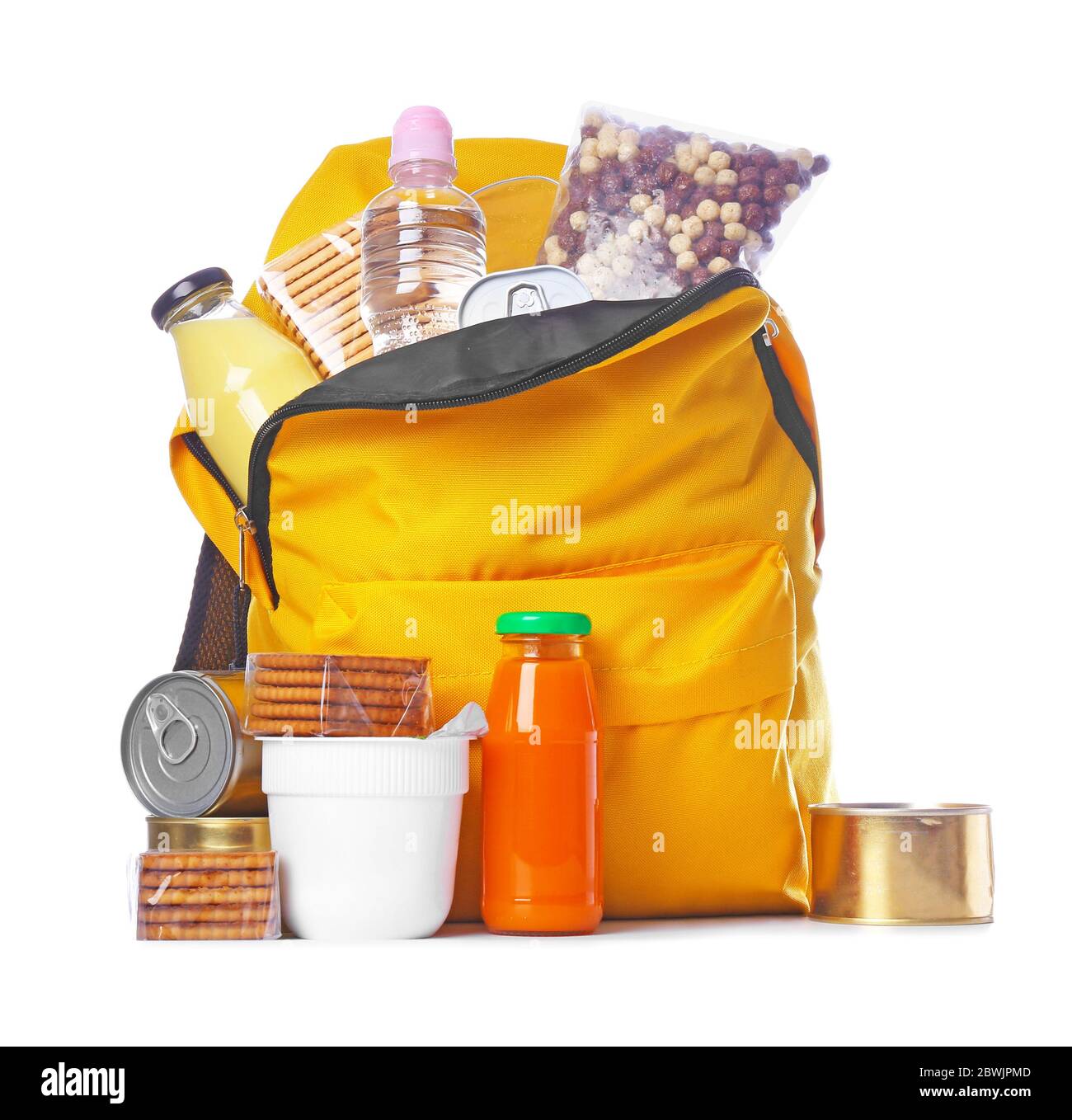 Schoolbag with different products on white background. Concept of ...