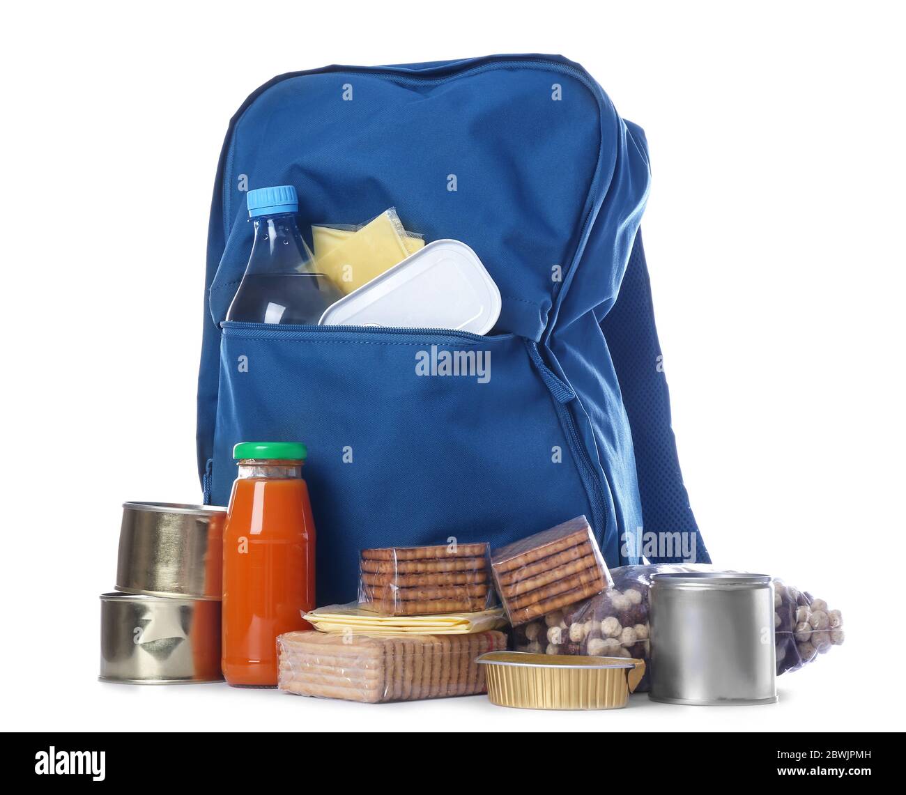 Schoolbag with different products on white background. Concept of ...