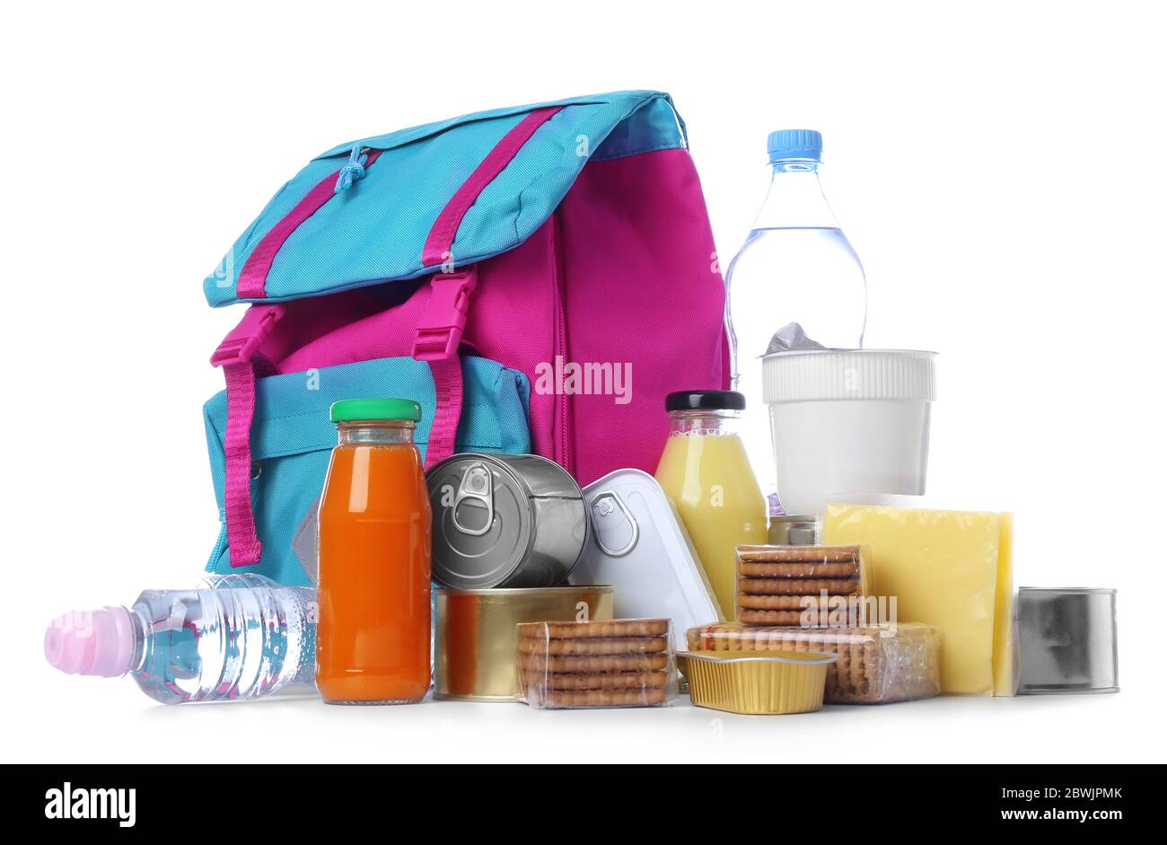Schoolbag with different products on white background. Concept of ...