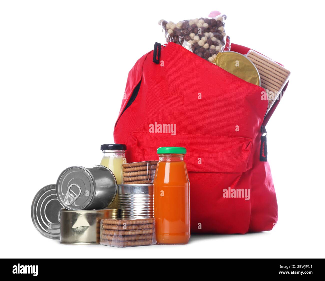 Schoolbag with different products on white background. Concept of ...