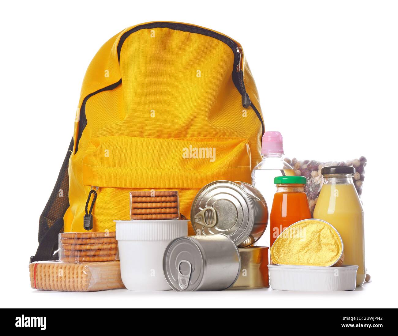 Schoolbag with different products on white background. Concept of ...