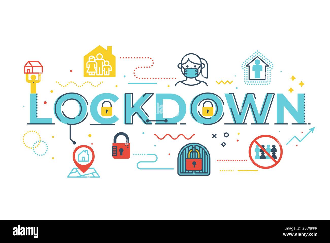Lockdown word lettering illustration with icons for web banner, flyer ...