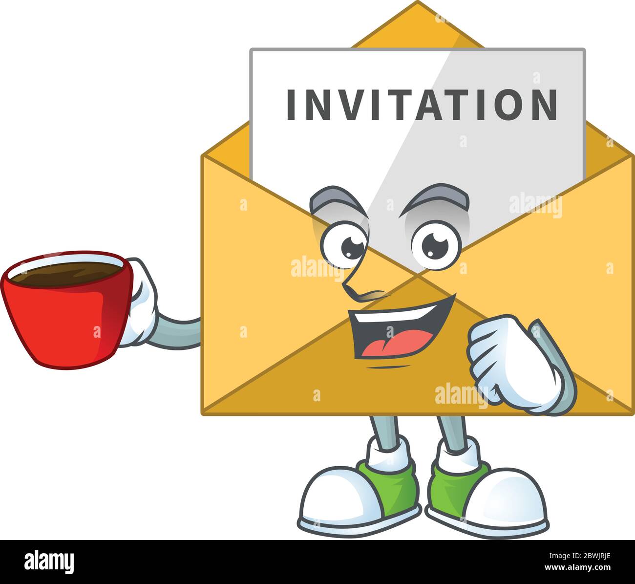 A mascot design character of invitation message drinking a cup of ...
