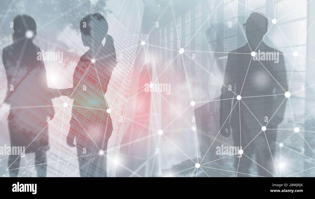 Global network link connection. Silhouettes people on modern city ...