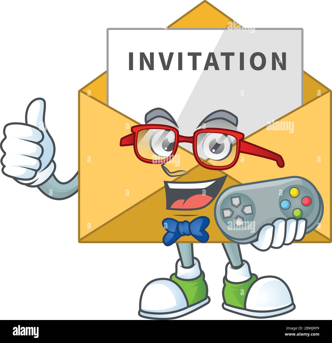 Cartoon mascot design of invitation message play a game with controller ...