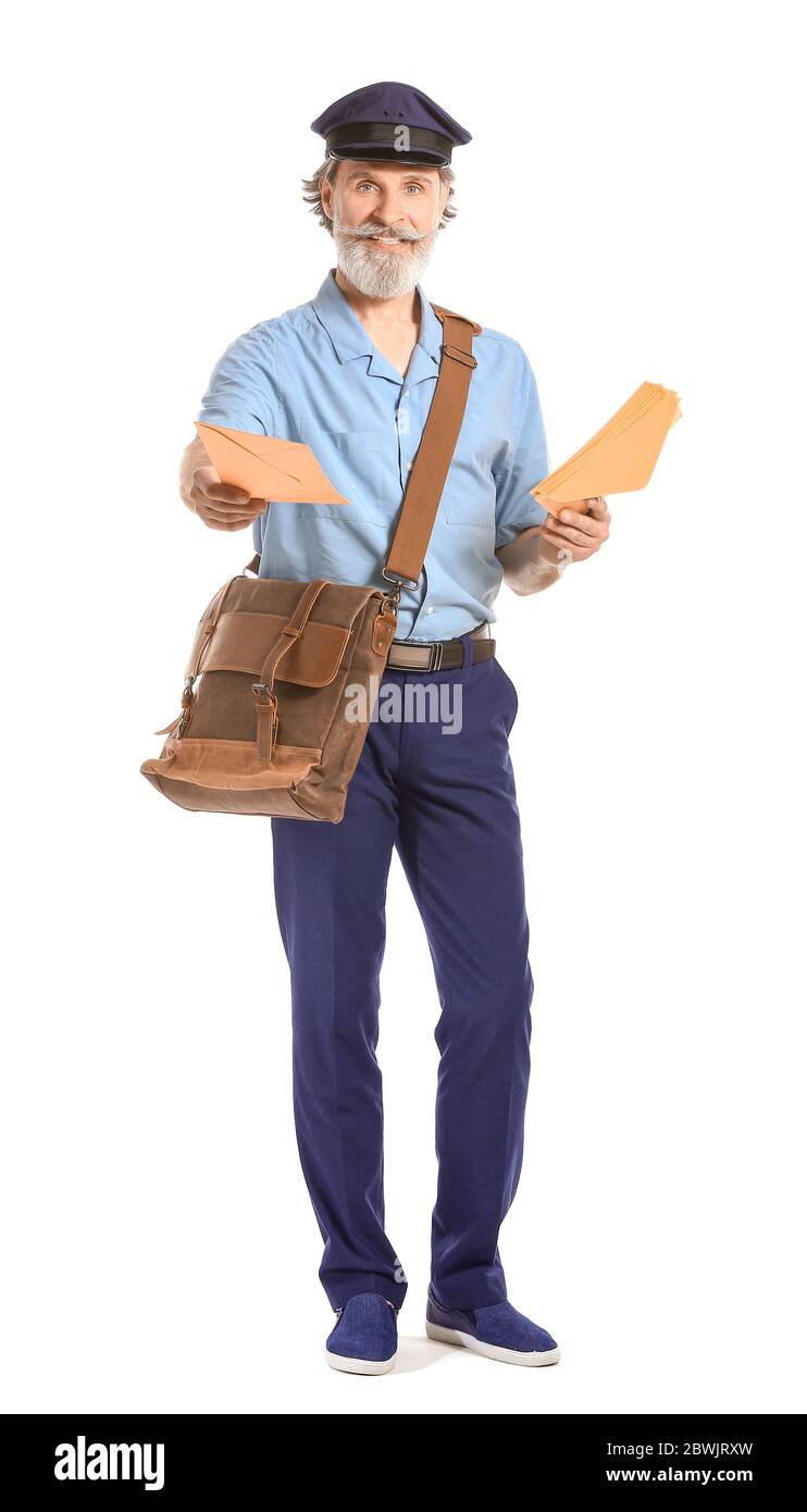 Handsome old postman on white background Stock Photo - Alamy