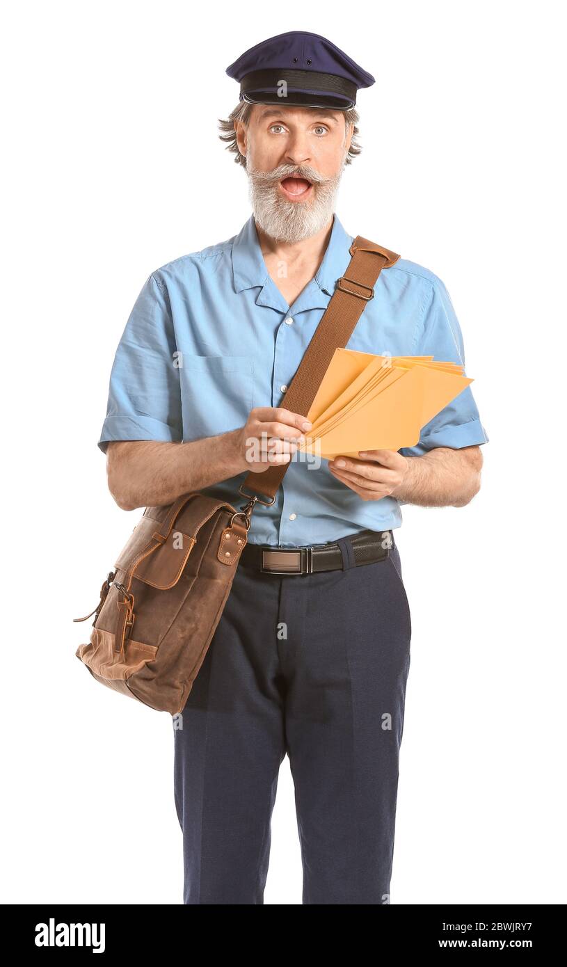 Surprised old postman on white background Stock Photo - Alamy