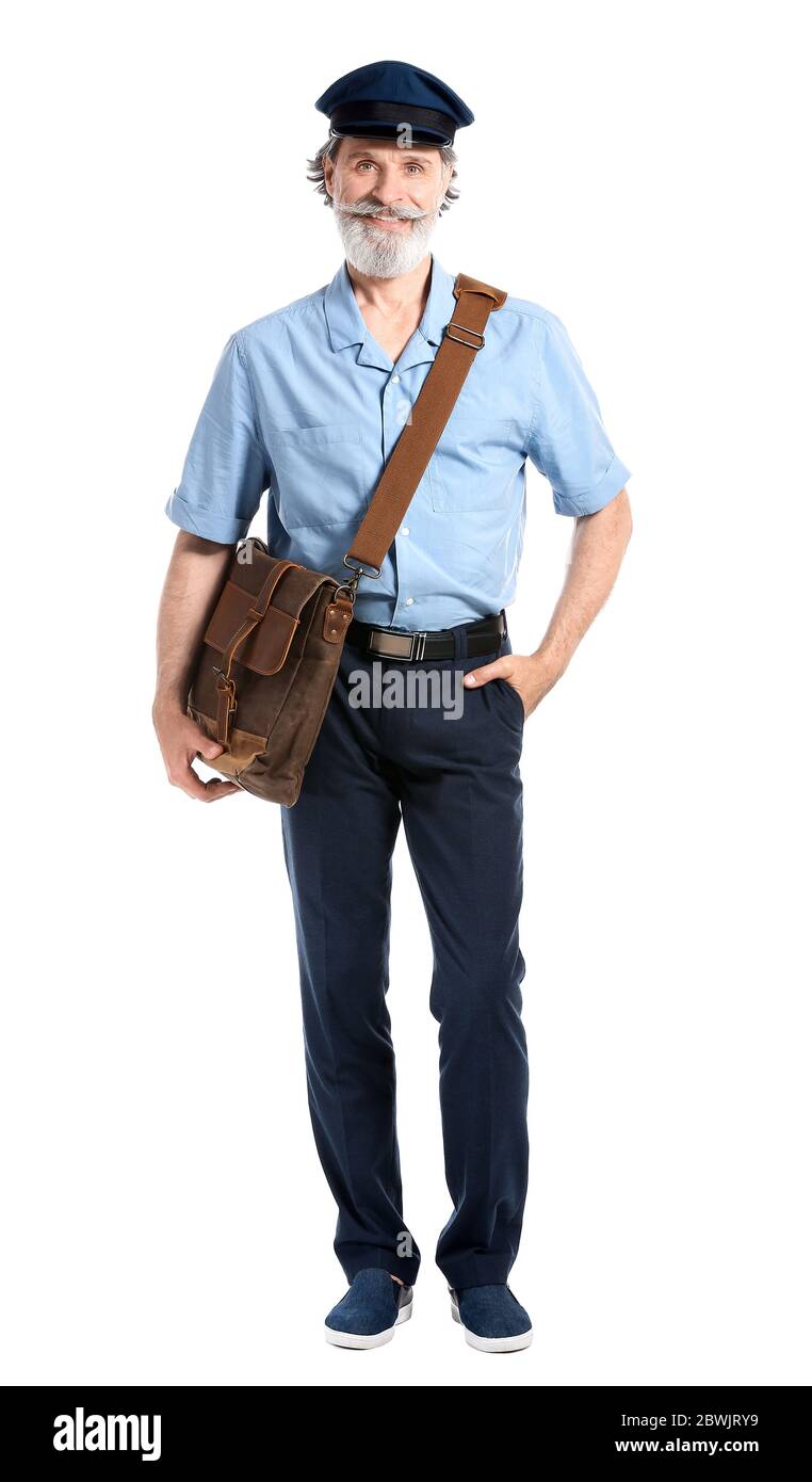 Handsome old postman on white background Stock Photo - Alamy