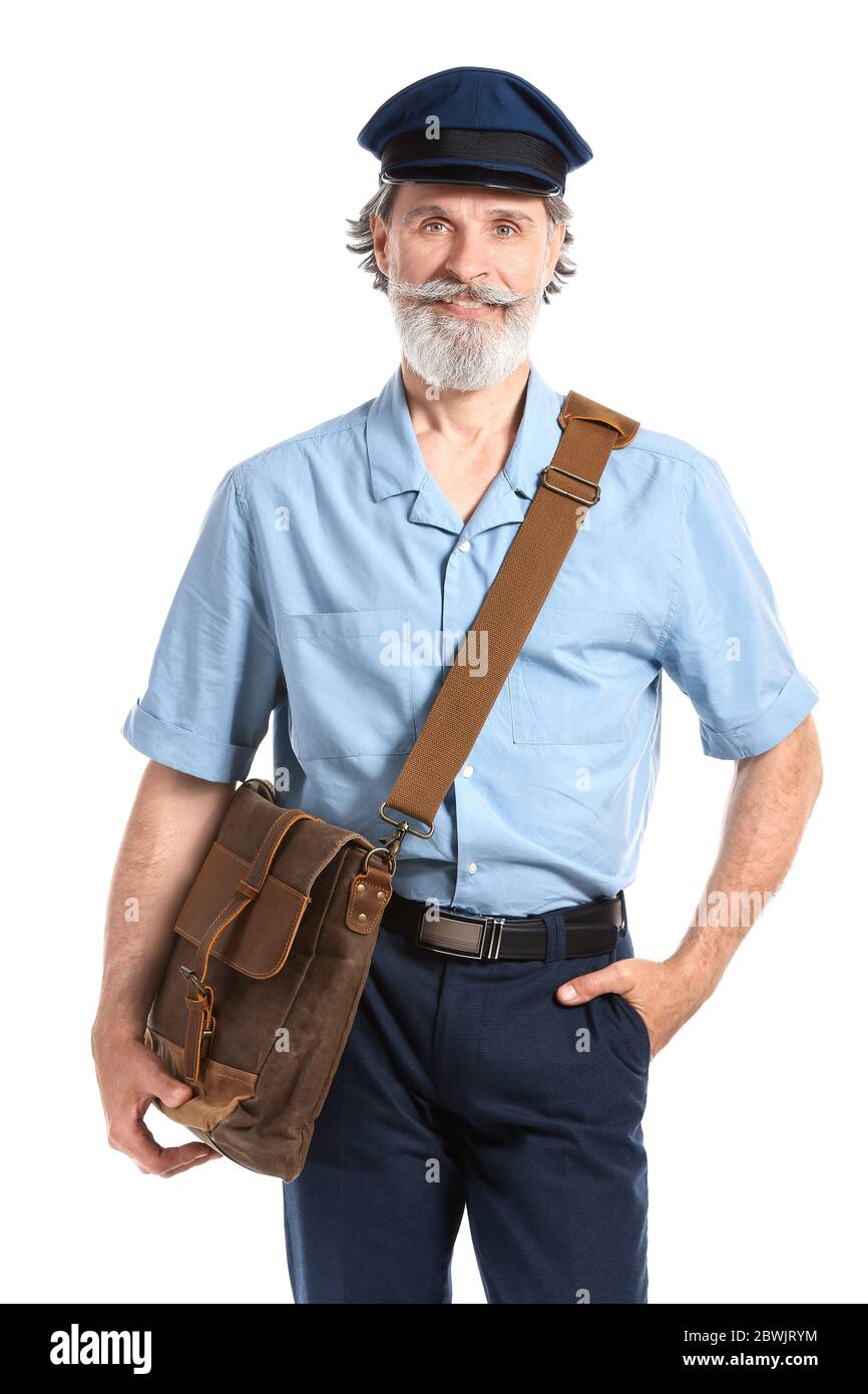 Handsome old postman on white background Stock Photo - Alamy