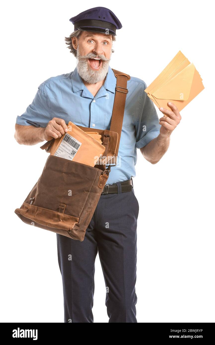 Handsome old postman on white background Stock Photo - Alamy
