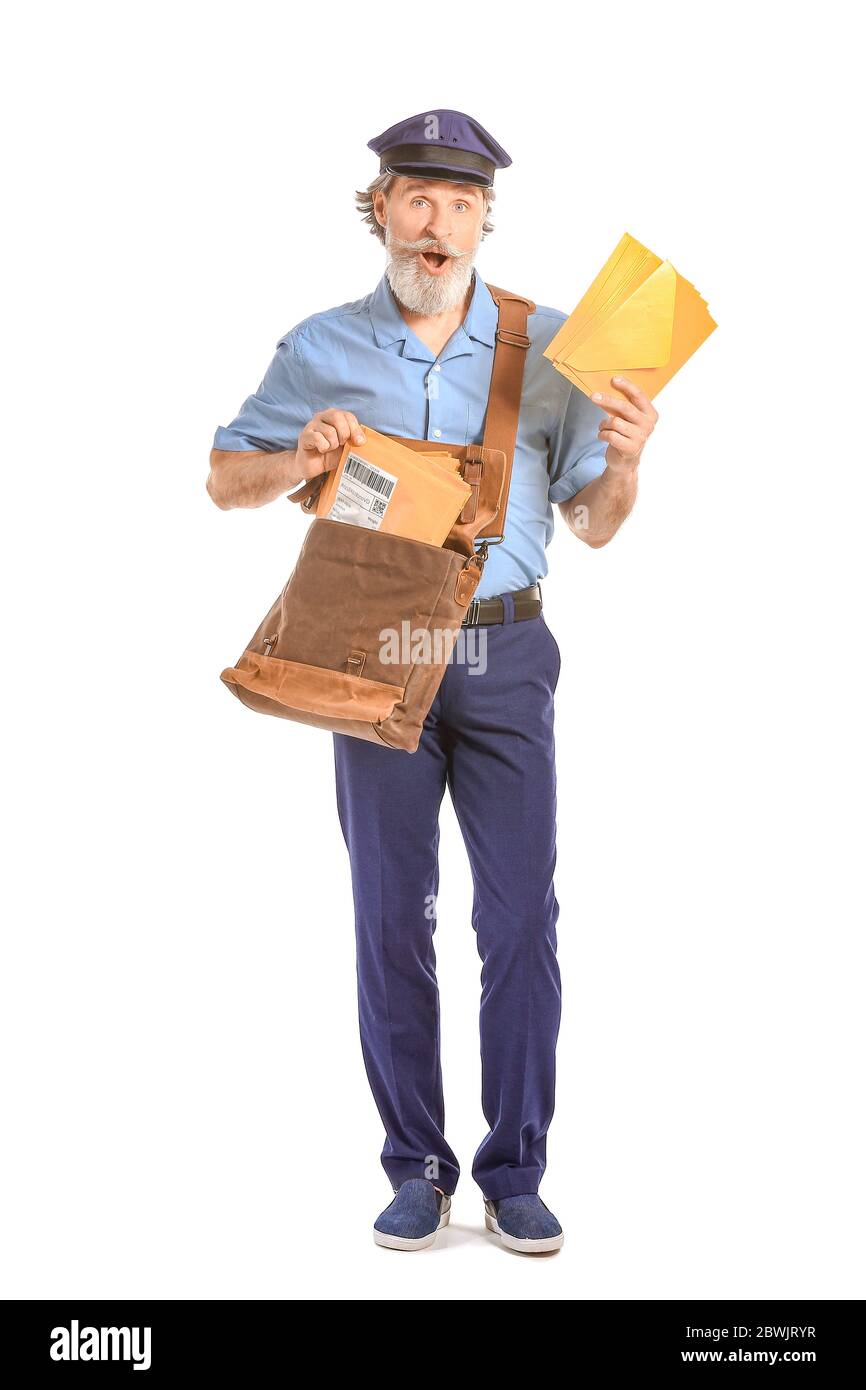Surprised old postman on white background Stock Photo - Alamy