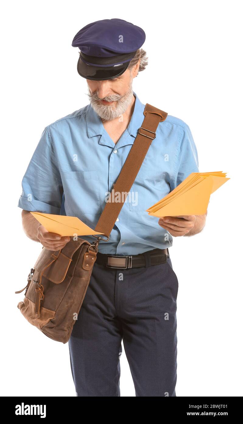 Handsome old postman on white background Stock Photo - Alamy