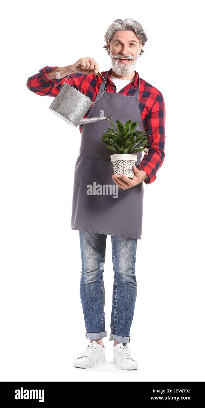 Senior gardener on white background Stock Photo - Alamy