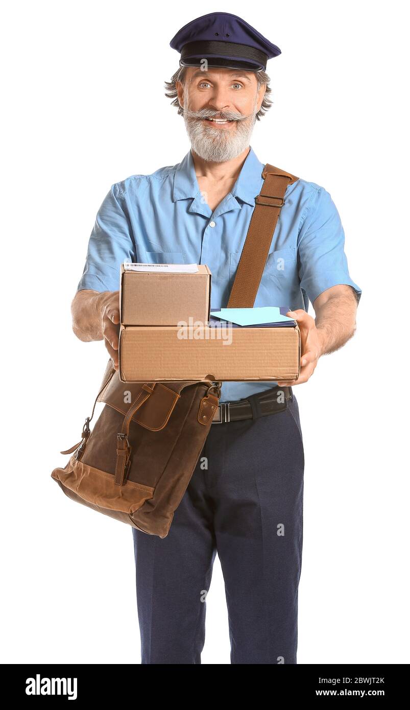 Handsome old postman on white background Stock Photo - Alamy