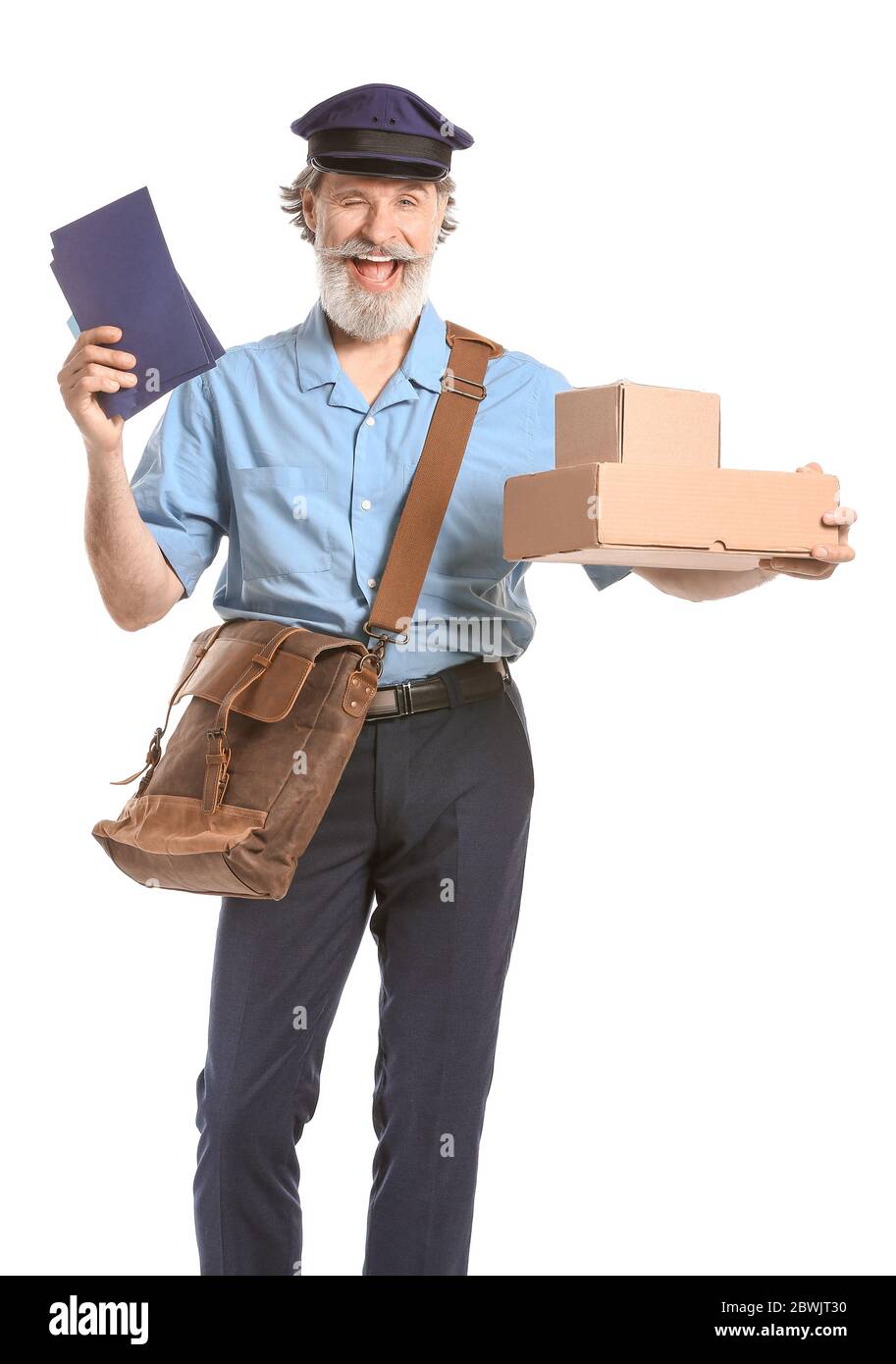 Handsome old postman on white background Stock Photo - Alamy