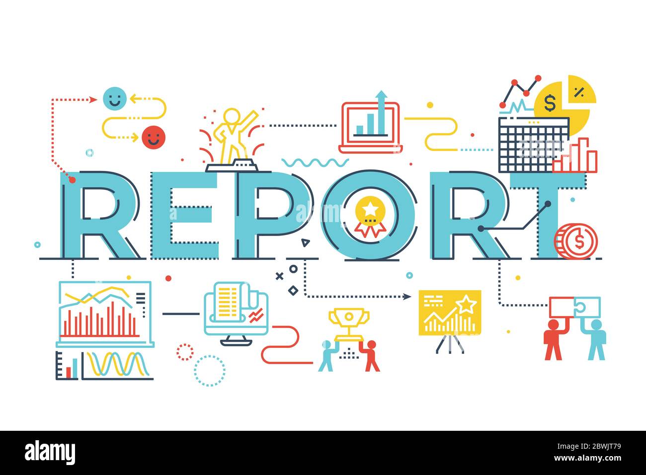 Report word lettering illustration with icons for web banner, flyer ...