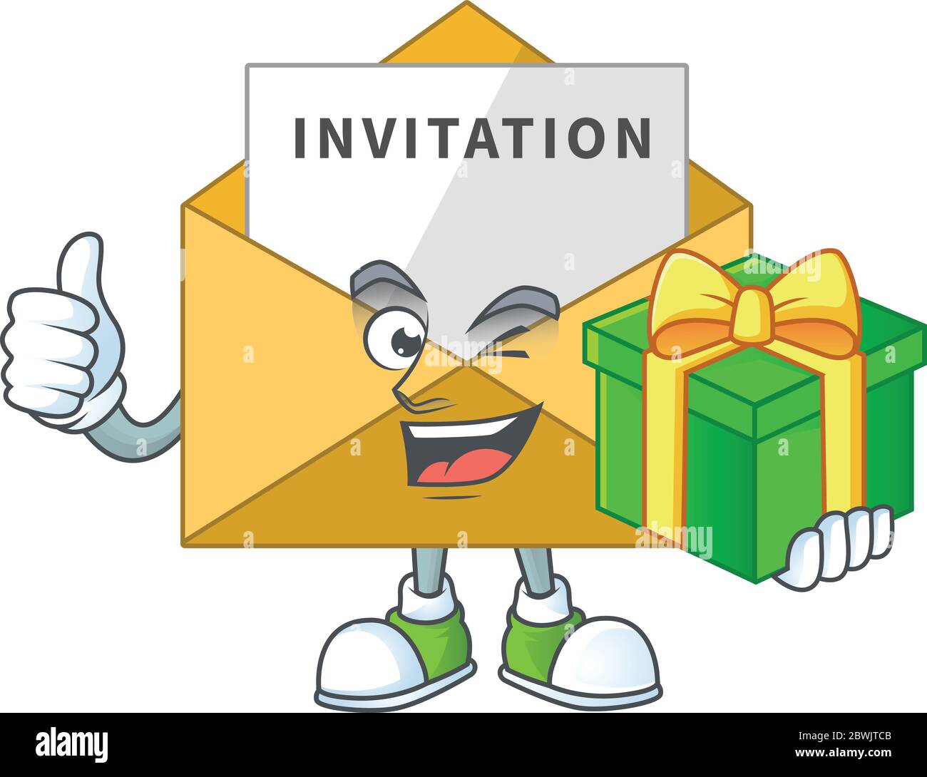 Happy smiley invitation message cartoon mascot design with a gift box ...