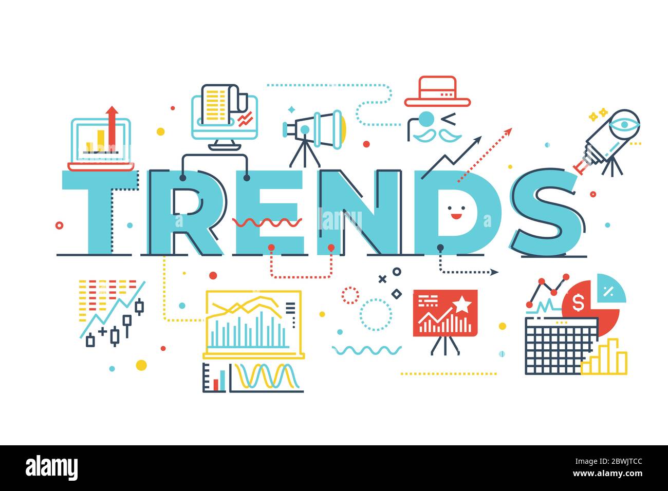 Trends word lettering illustration with icons for web banner, flyer ...