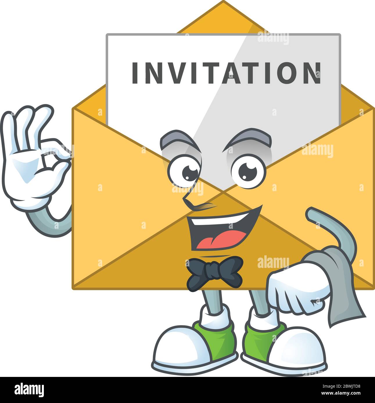 A cartoon image of invitation message as a waiter character ready to ...