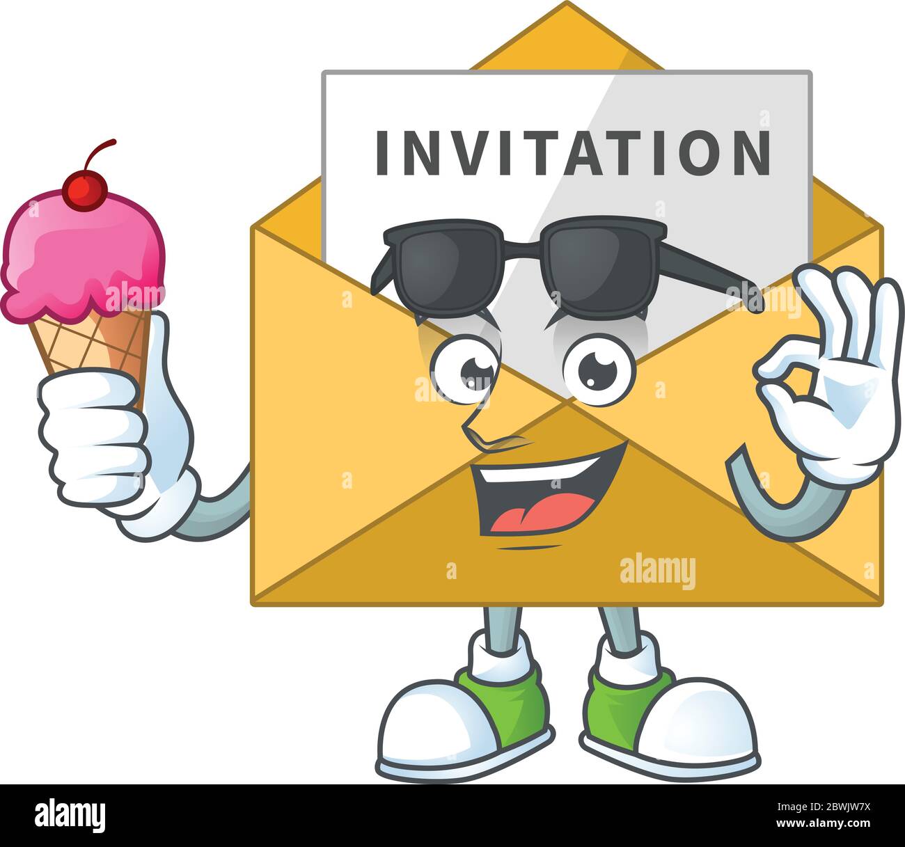 Happy face of invitation message cartoon mascot having an ice cream ...