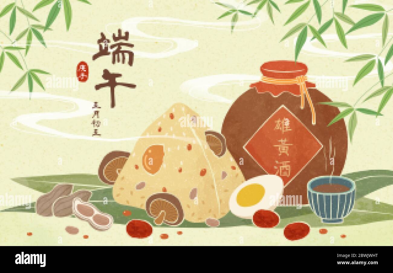 Dragon boat festival realgar wine and zonzi illustration on green ...