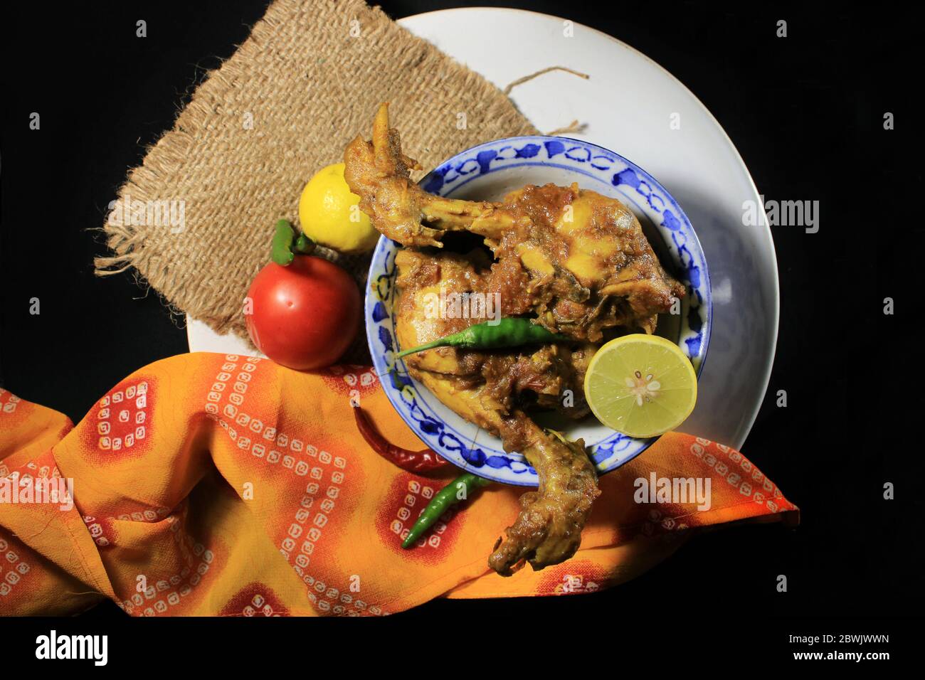 Boiled chicken Curry into white pot. Hot and spicy Chicken Curry with ...