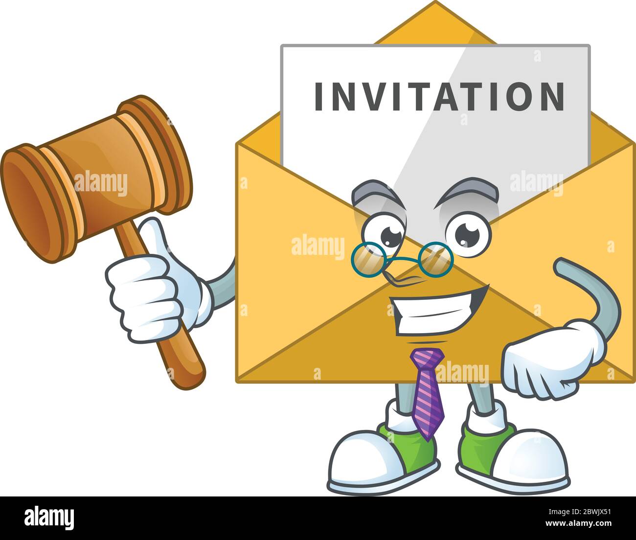 A wise Judge invitation message cartoon mascot design wearing glasses ...