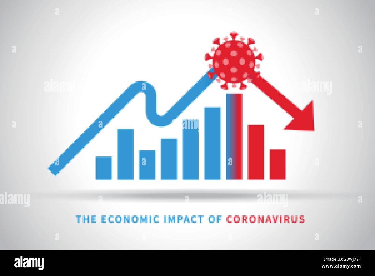Stock market crash icon with virus and decline arrow in red and blue ...